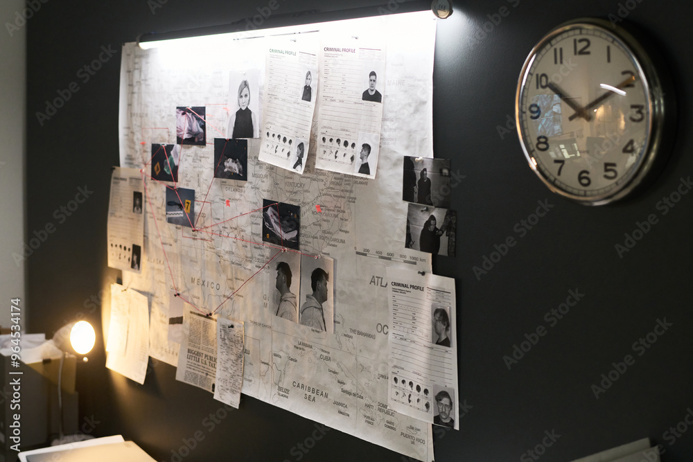 Researcher examining crime scene photos and related documents pinned on ...