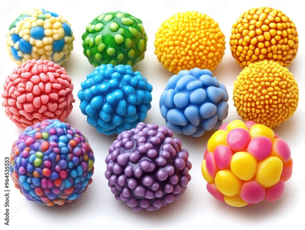 Brightly colored, textured balls in different shapes and sizes are ...