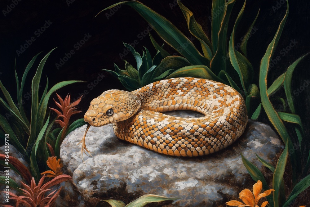 An artistic representation of a coiled snake resting on a rock ...