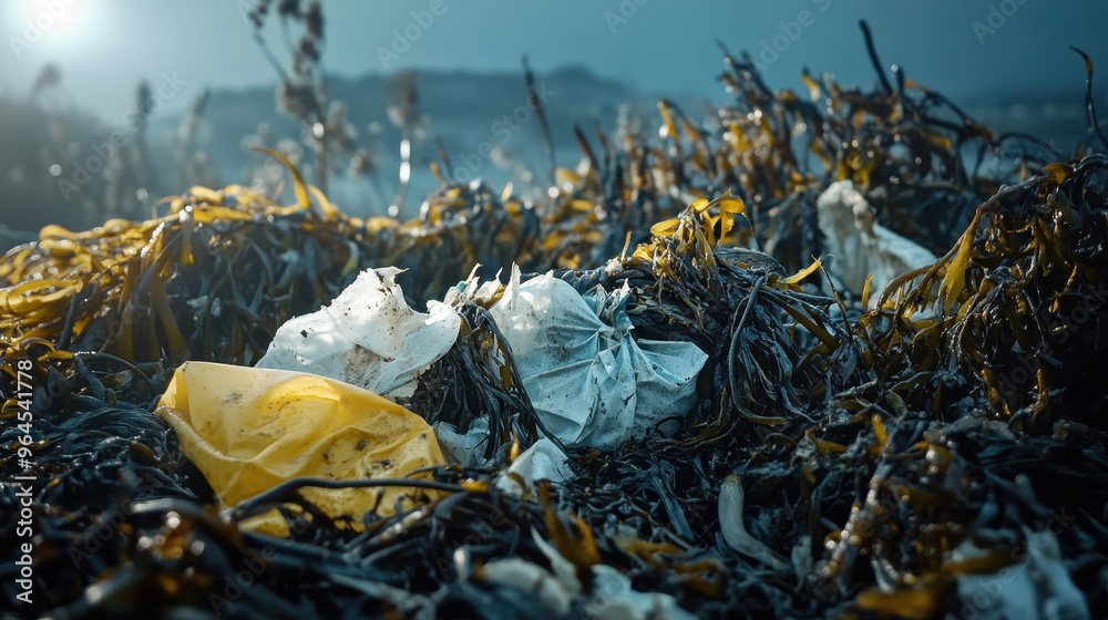 Plastic bags and waste in a pile of seaweed Stock Photo | Adobe Stock