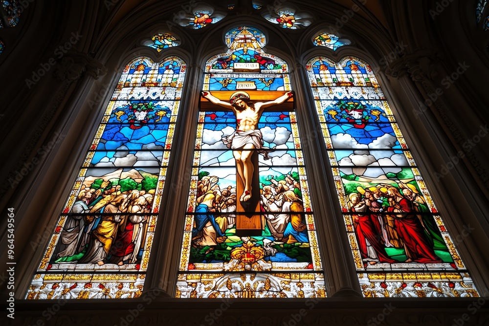 Stained glass window, depicting the crucifixion, powerful and solemn ...