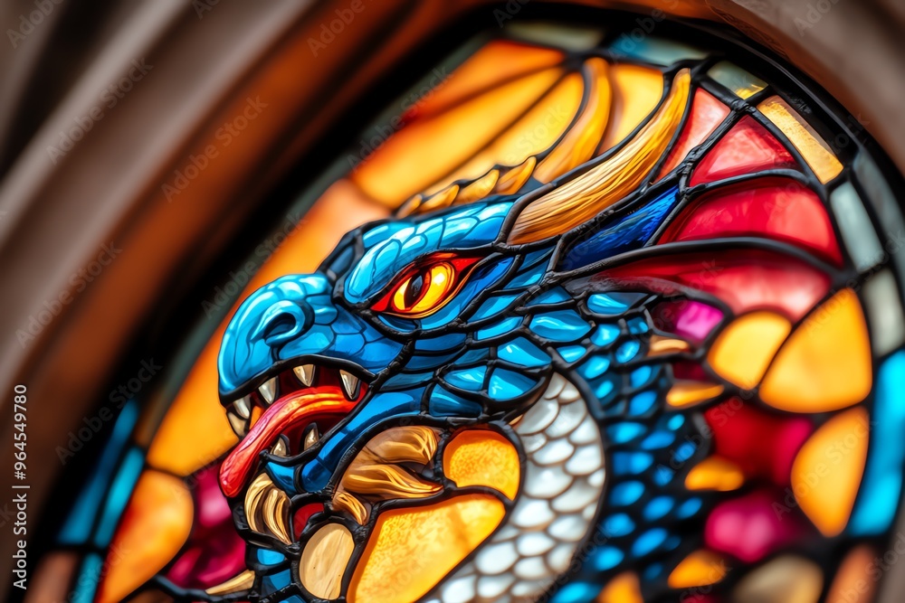 Stained glass window, featuring mythical creatures, dragons and ...