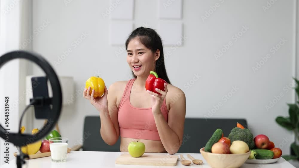 Asian influencer woman making vegetable salad at home. Fitness ...