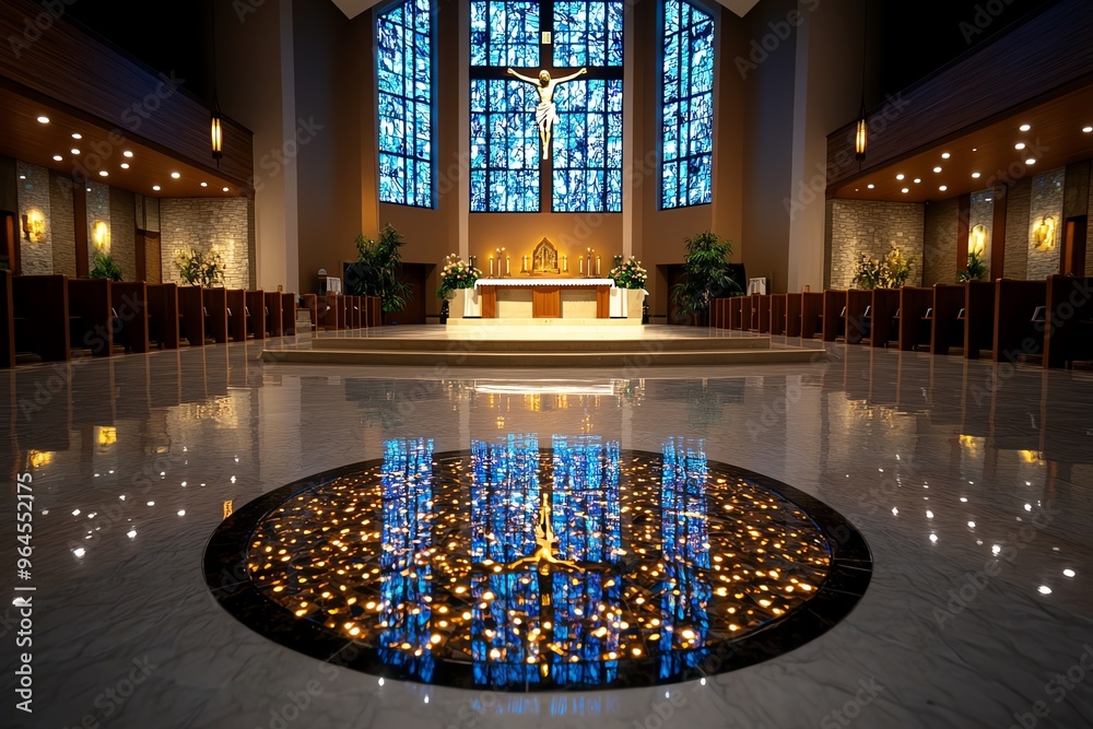 Stained glass window, reflecting on the altar, glowing with reverence ...