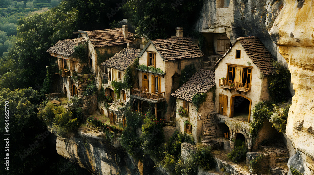 A whimsical village built into the side of a cliff, with tiny houses ...