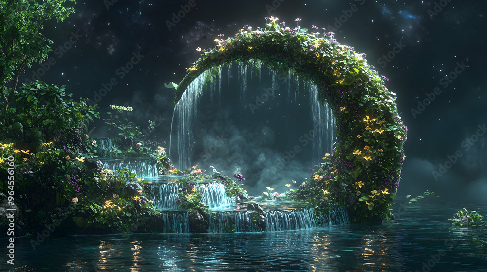 A floating island shaped like a crescent moon, with waterfalls ...