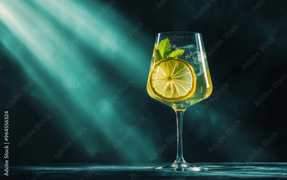Refreshing cocktail in a wine glass, lemon slice and mint, spotlight on ...