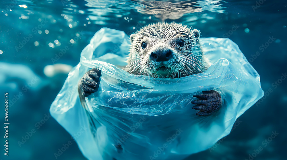 Sea Otter stuck in plastic bag while swimming in the water, Plastic ...