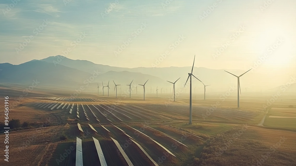 Concept of renewable energy resources, highlighting wind turbines and ...