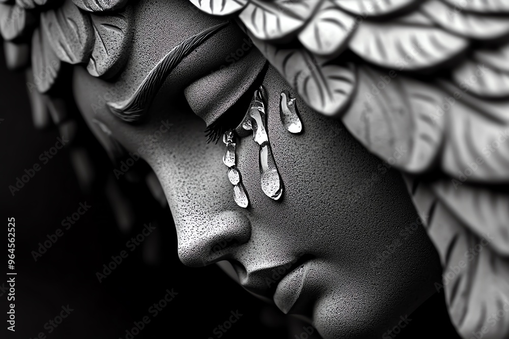 Stone angel, tears etched on its face, sorrowful gaze reflects ...