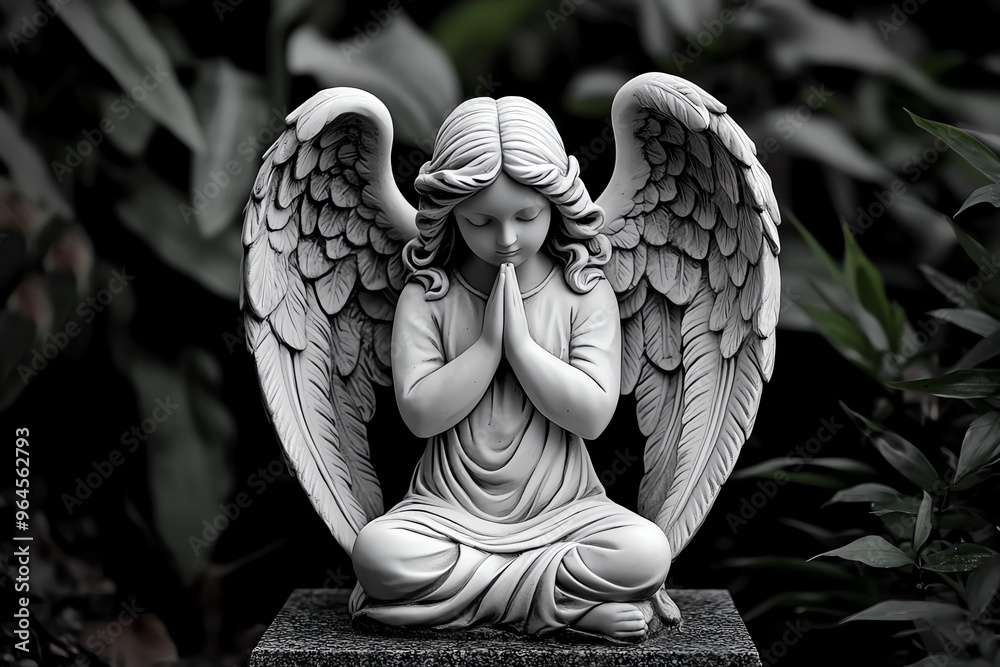 Stone angel, wings folded around its body, silent protector stands as a ...
