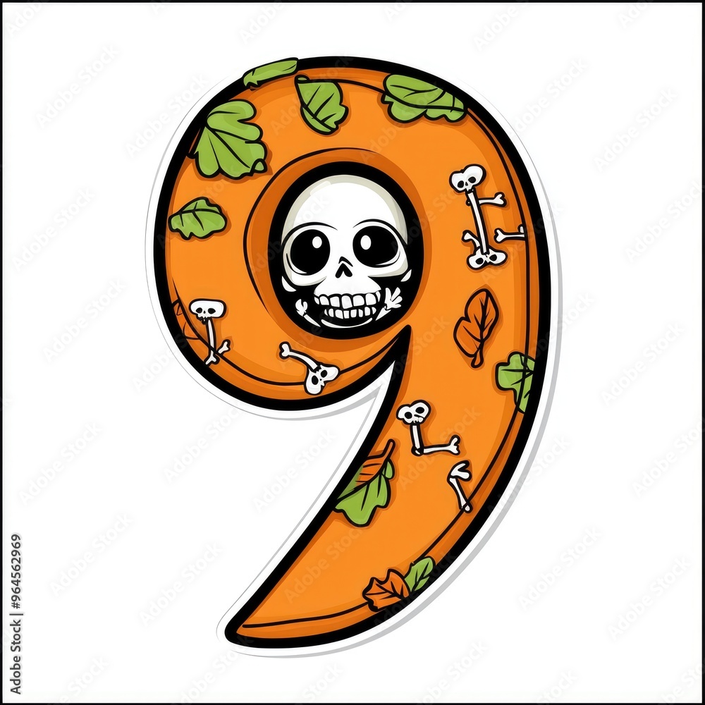 Cartoon Number Nine with Skull and Bones Stock Illustration | Adobe Stock