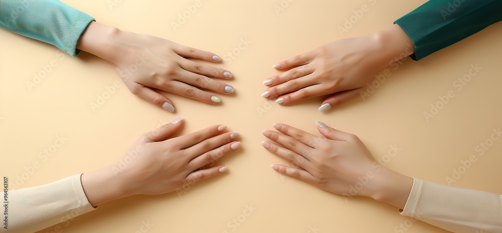 Four hands lay flat on a table, palms facing up, with the hands ...