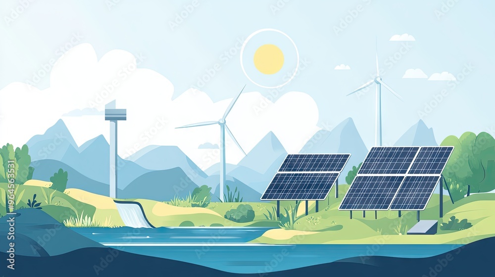 Illustration of green energy resources including solar, wind, and ...