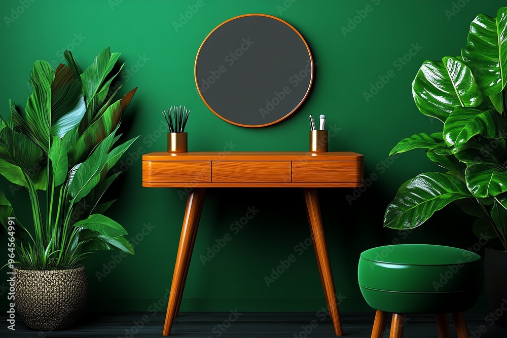 Vanity table with a mid-century modern design, illustrated in a scene ...