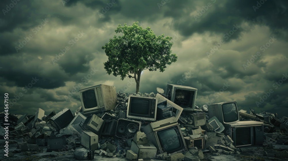 Isolated green tree on pile of old appliances, computer. Dark sky ...