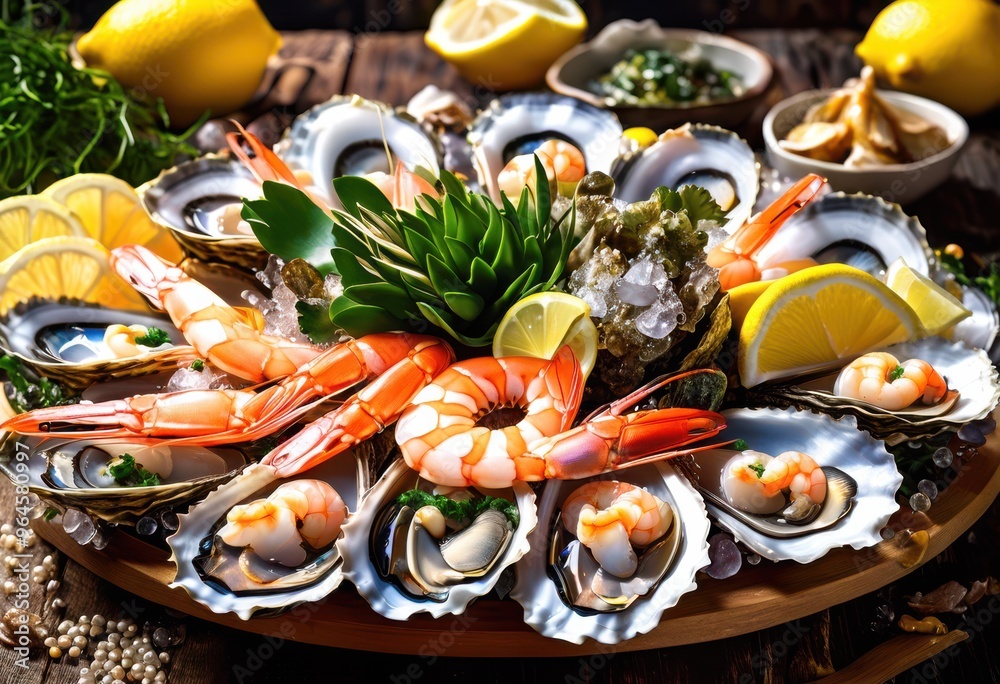 colorful vibrant seafood platter displayed rustic wooden table ...