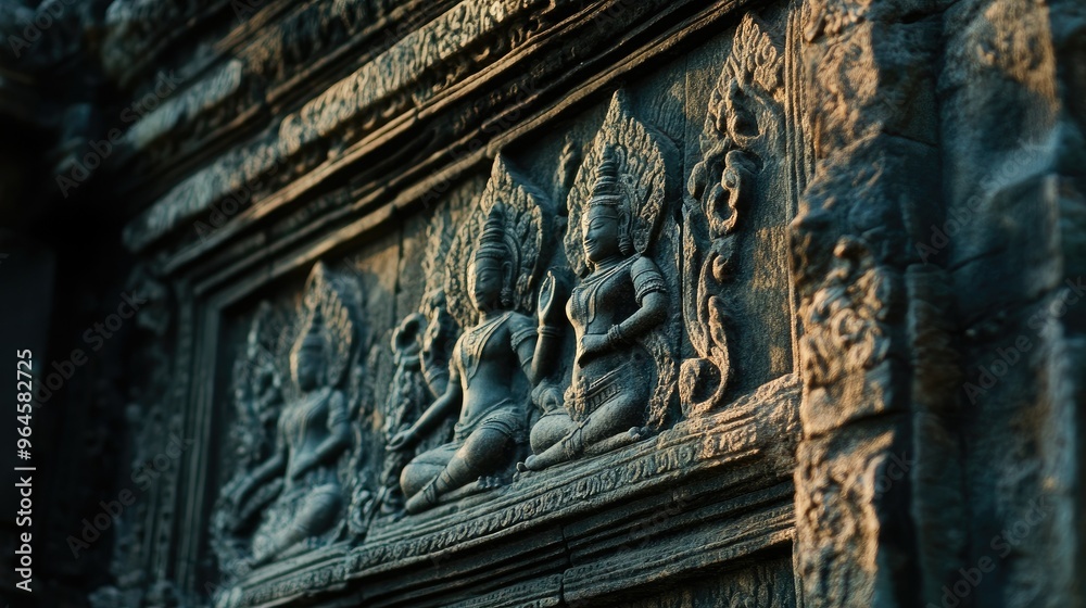 The detailed carvings of Hindu gods and goddesses on the walls of ...