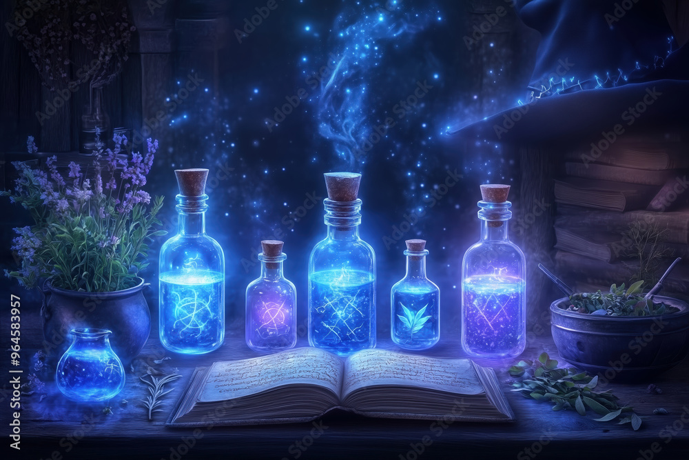 Mystical Potion Lab: An open book lays on a table illuminated by an ...
