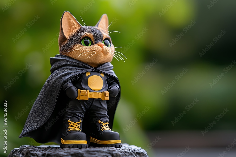 Funny statue, cat wearing boots and a cape, superhero pose stands ...