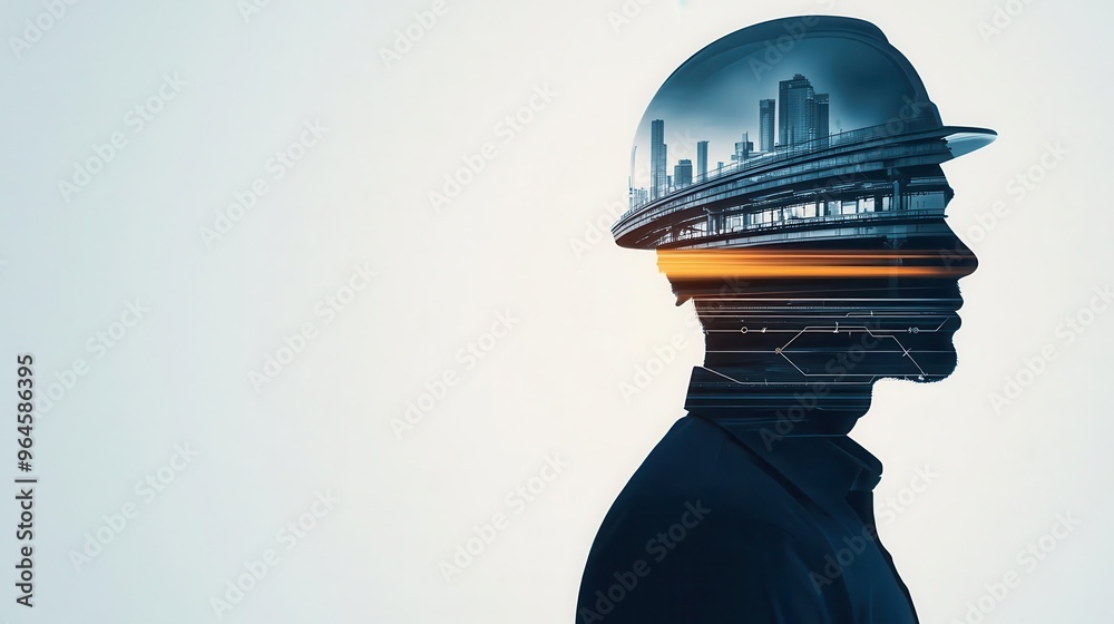 Double exposure of railway engineers and a train in motion, blending ...