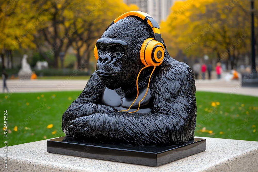 Funny statue, gorilla wearing headphones, grooving to music turns an ...