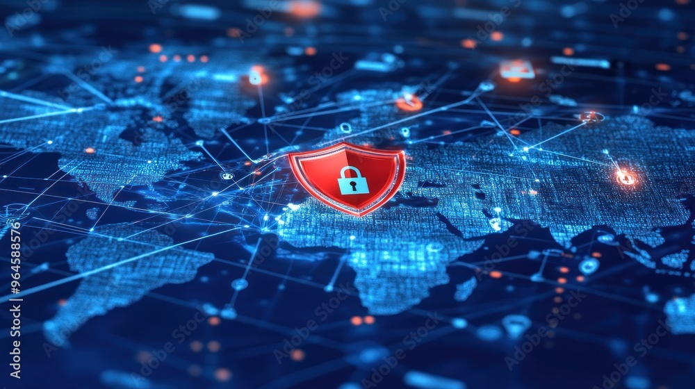 cyber security background with locked padlock on black and red emblem ...