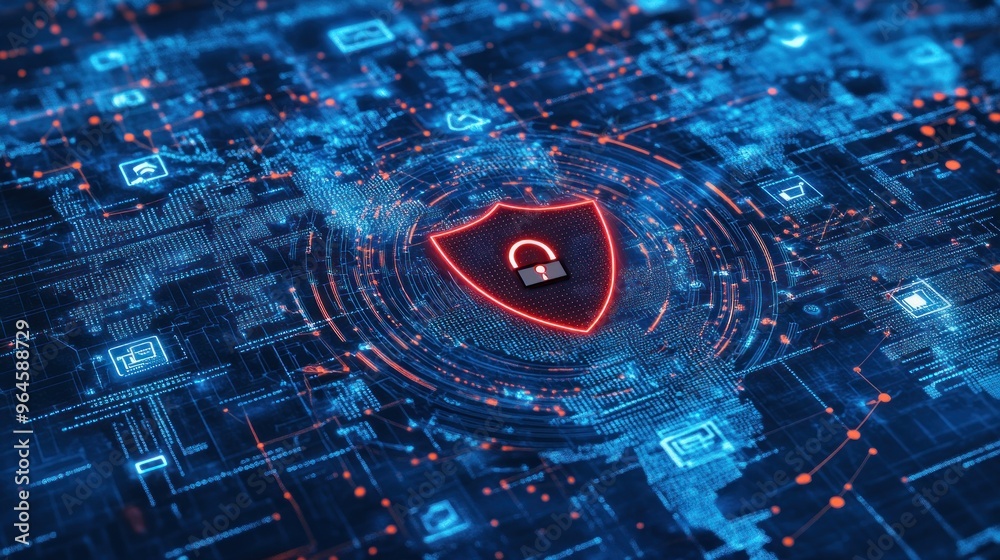 cyber security background with locked padlock on black and red emblem ...