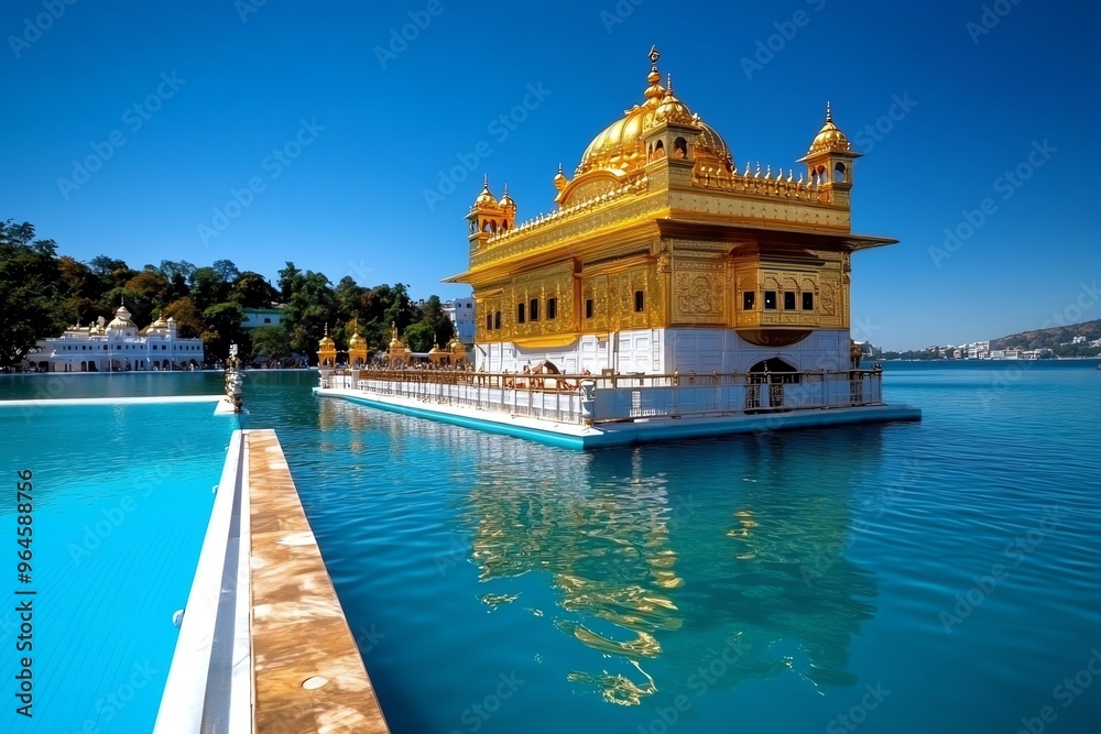Golden temple, reflecting in a serene pond, peaceful atmosphere shines ...