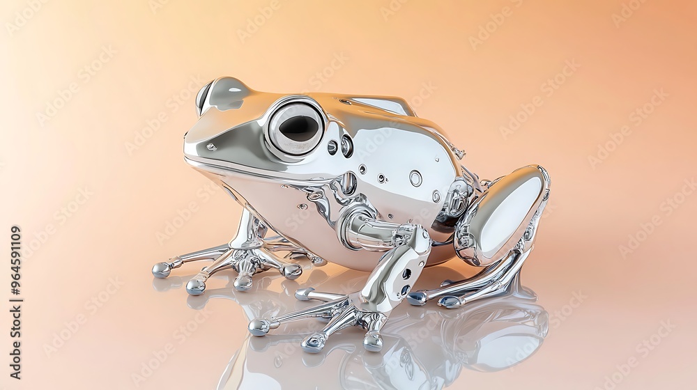 An ultra-sharp image of a robotic frog with smooth, polished metal skin ...