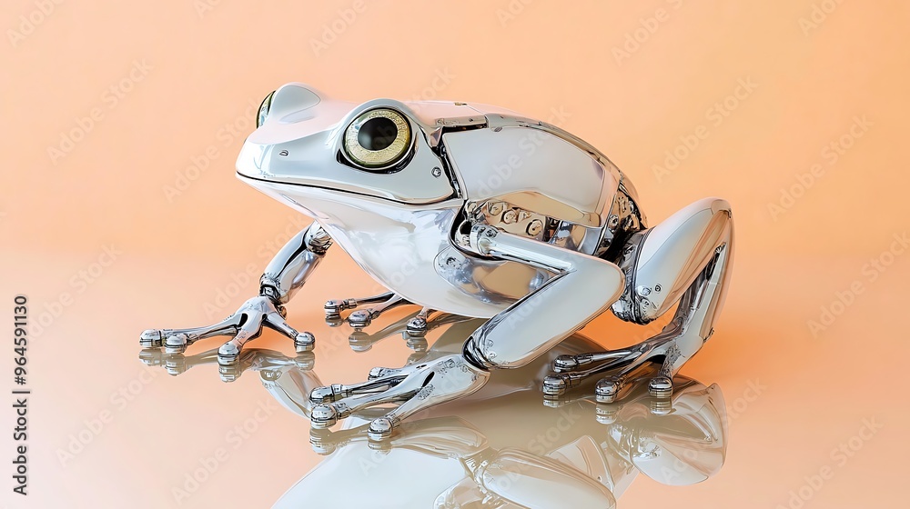 An ultra-sharp image of a robotic frog with smooth, polished metal skin ...