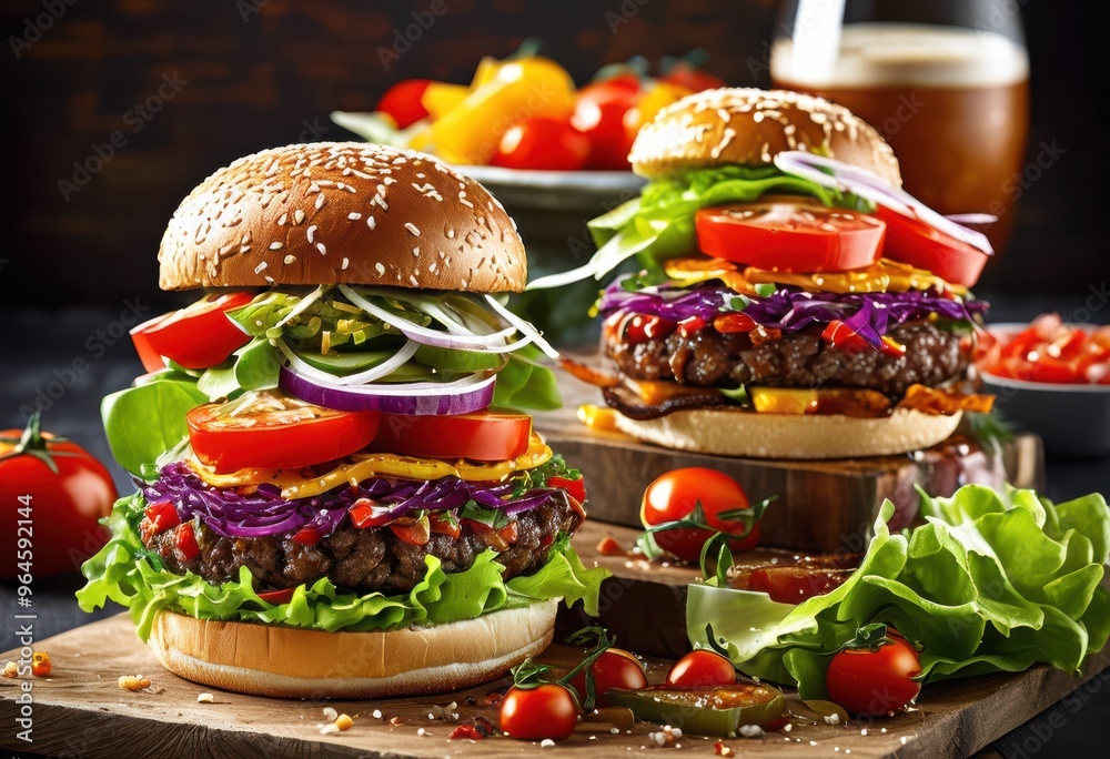 vibrant burger masterpiece showcasing premium toppings including fresh ...