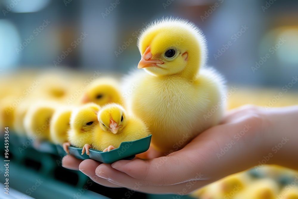 Poultry farm, hatchery, nurturing young chicks carefully incubates and ...