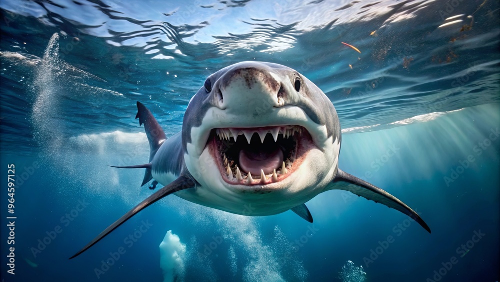 Great white shark charging towards the camera with its mouth wide open ...