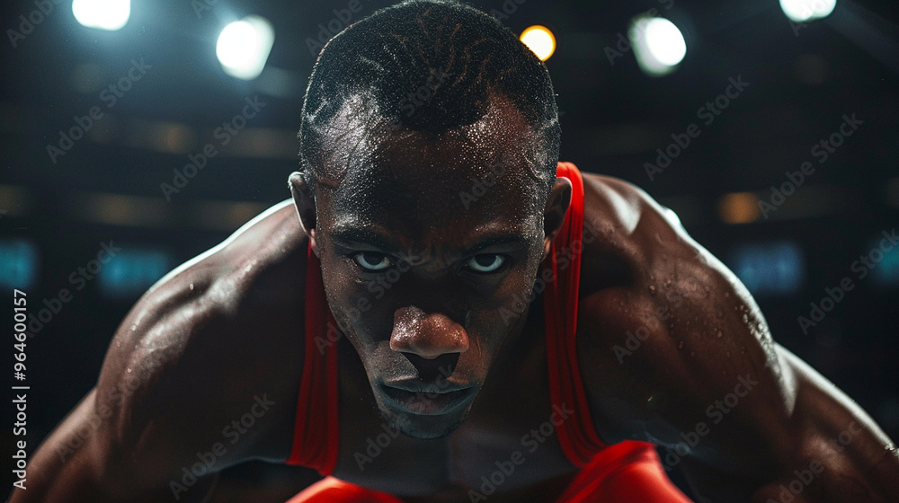 Medium close-up of a wrestler in a dominant pose after a successful ...
