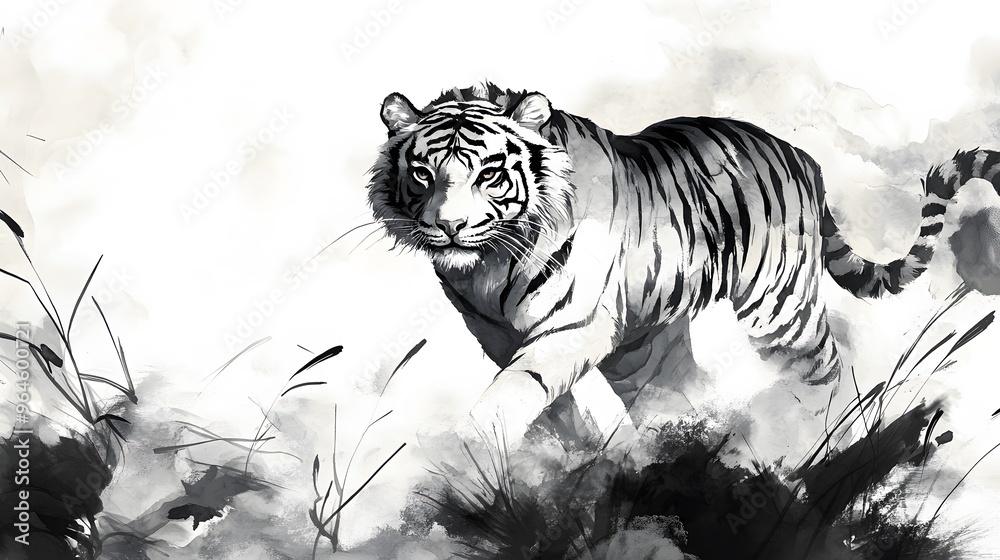 Tiger Chinese Zodiac in Ink Wash Style: A tiger painted in the ...