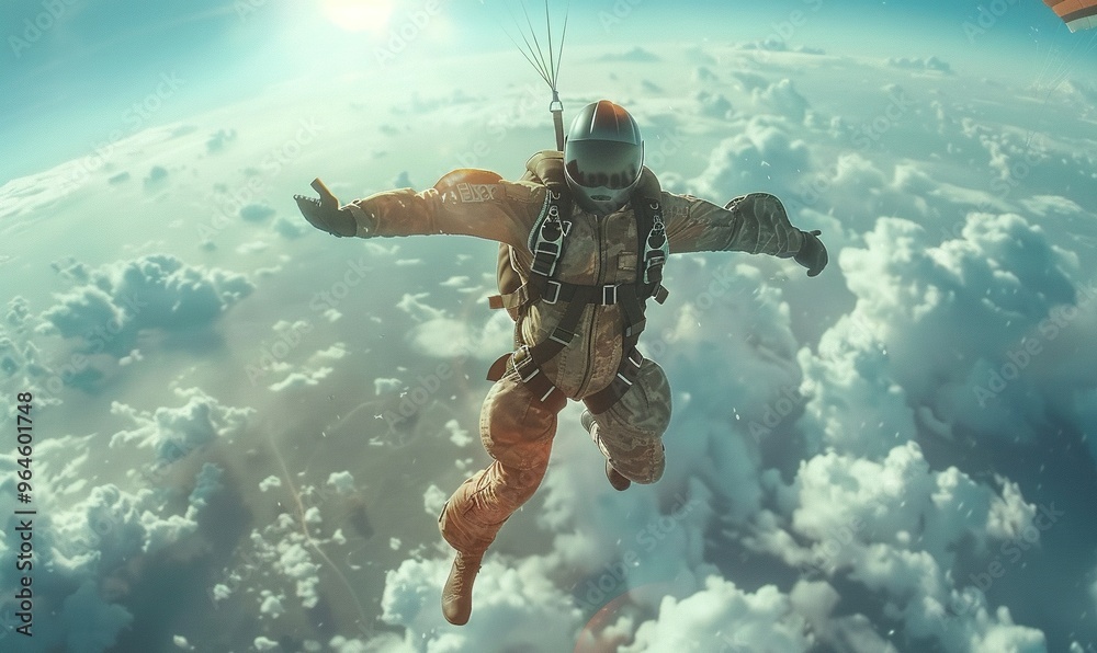 A man with an adventurous spirit, skydiving from a plane high above ...
