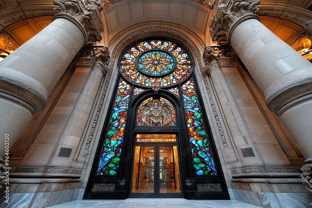 Stained glass window, framed by stone columns, regal and majestic ...
