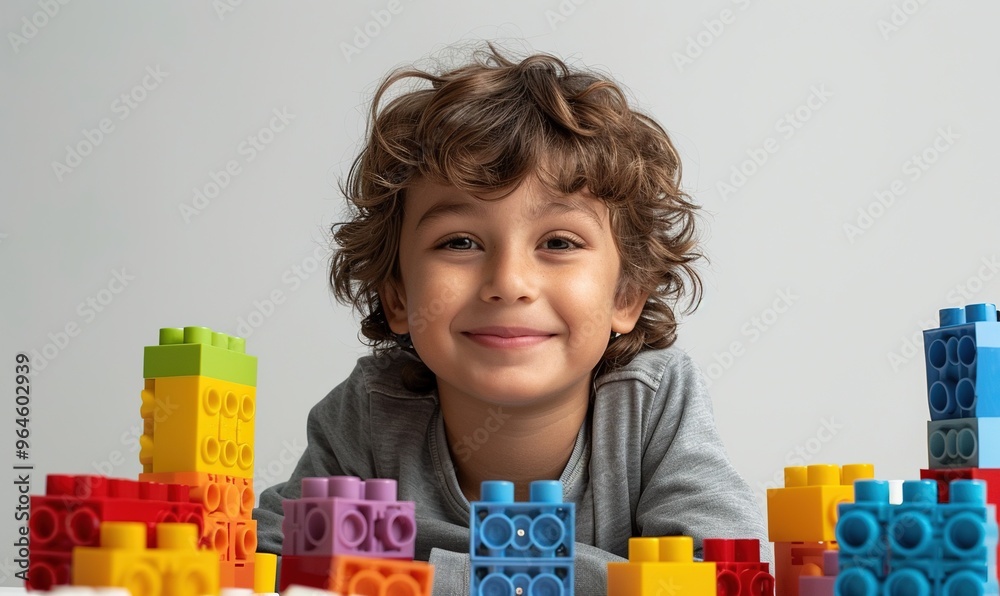 A child with a happy grin, playing with colorful building blocks and ...