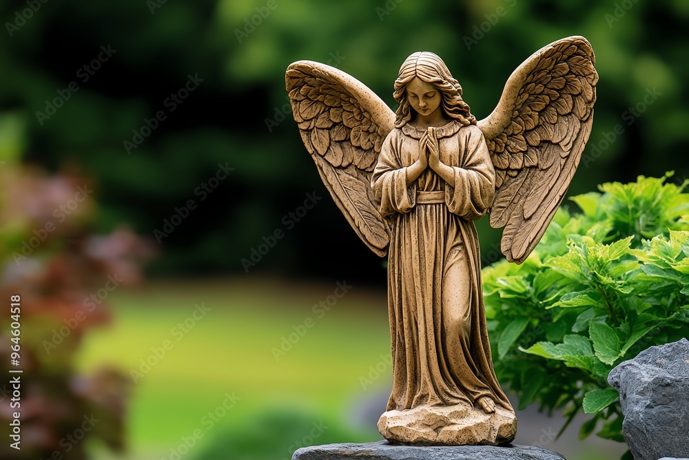 Stone angel, holding a scroll, messenger of the divine stands as a ...