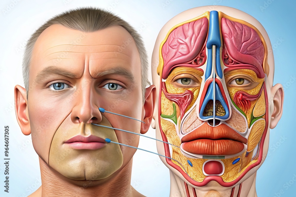 Anatomical diagrams of the human nose with highlighted major parts ...