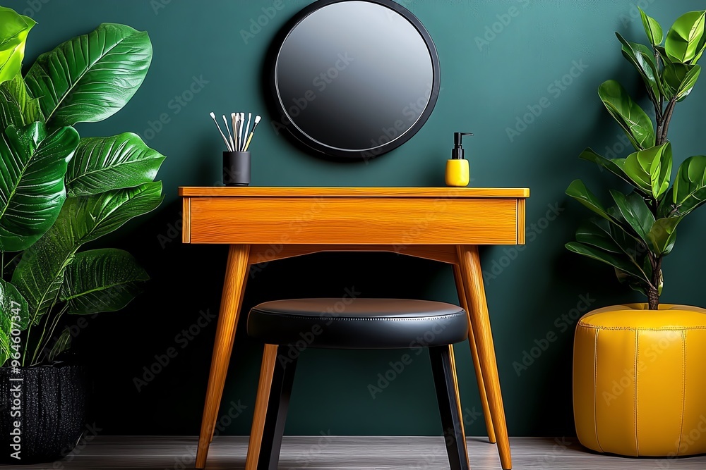 Vanity table with a mid-century modern design, illustrated in a scene ...