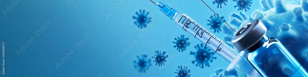 Vaccine bottle flu dose shot drug needle syringe, medical concept ...