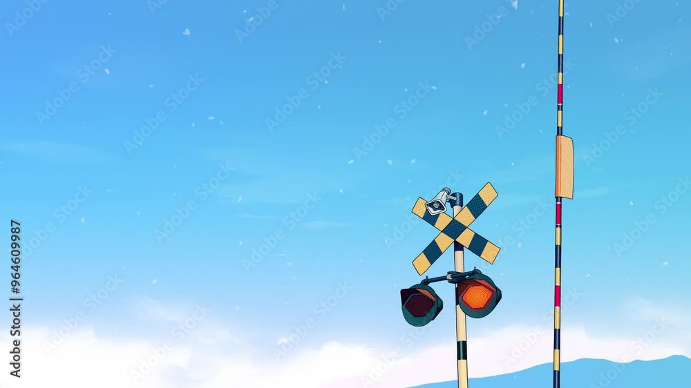 2D animation, Signal light at train station in spring with falling ...