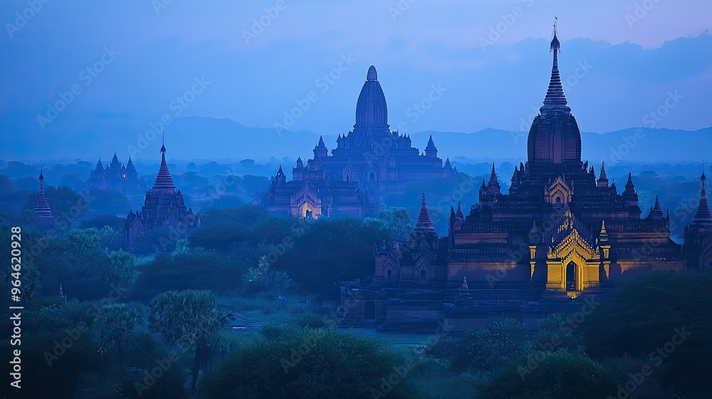 The temples of Bagan at dusk, with the last light of day fading and the ...