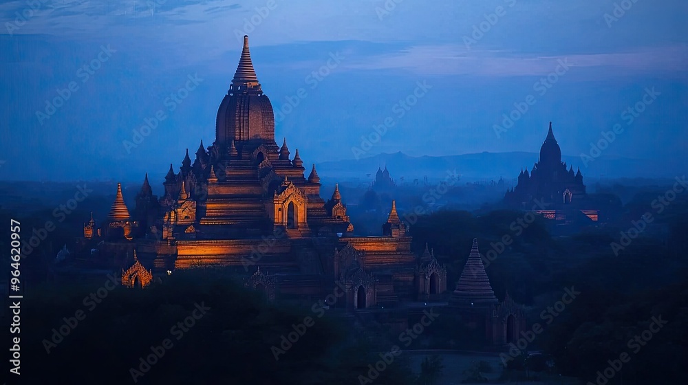 The temples of Bagan at dusk, with the last light of day fading and the ...