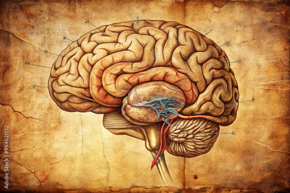 brain anatomy labeled diagram with a vintage distressed look and subtle ...