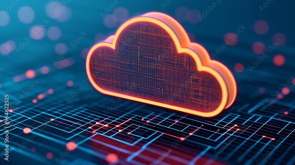 Glowing cloud symbol above a network grid, cybersecurity concept with connected nodes, advanced ...