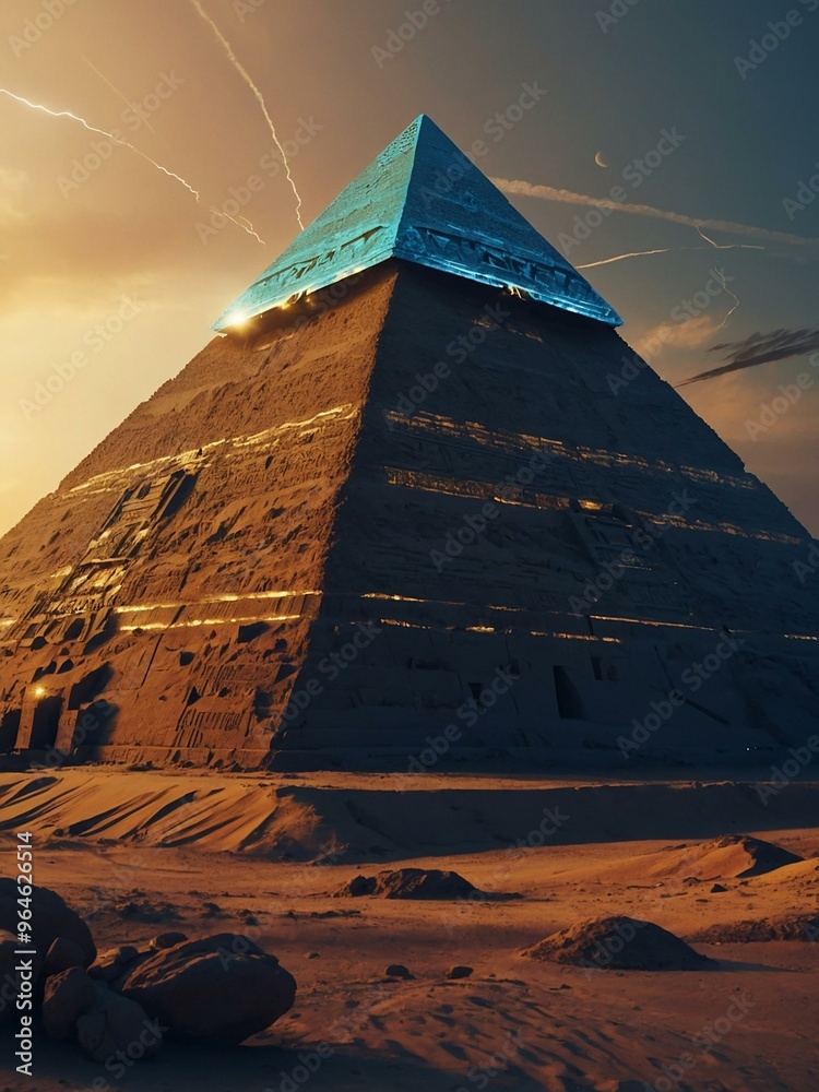 Digital Egyptian pyramids with a cyber aesthetic, blending ancient and ...