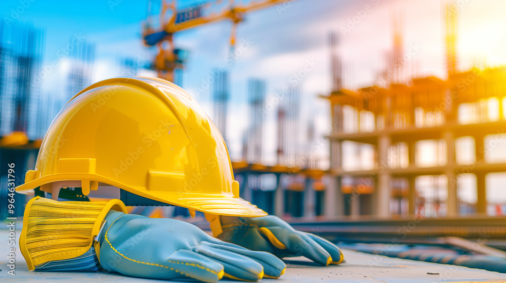 A yellow hard hat sits on top of a stack of blueprints. Concept of ...